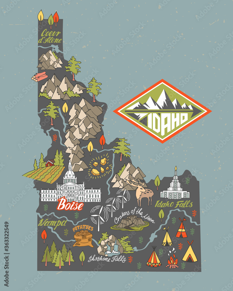 Illustrated map of Idaho, USA. Travel and attractions. Souvenir print ...