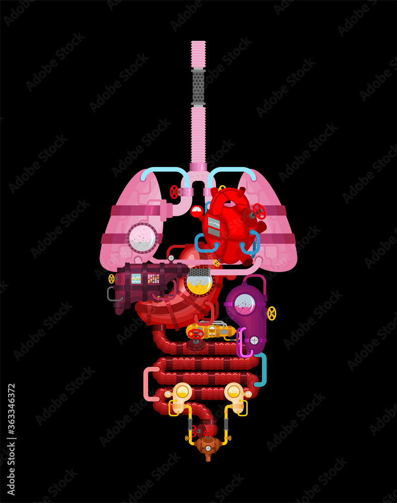 Metal Human anatomy organs. Artificial organ. Cybernetics future. Robot ...