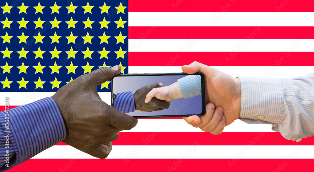 BLM. White and afroamerican hands are holding phone with photos of ...