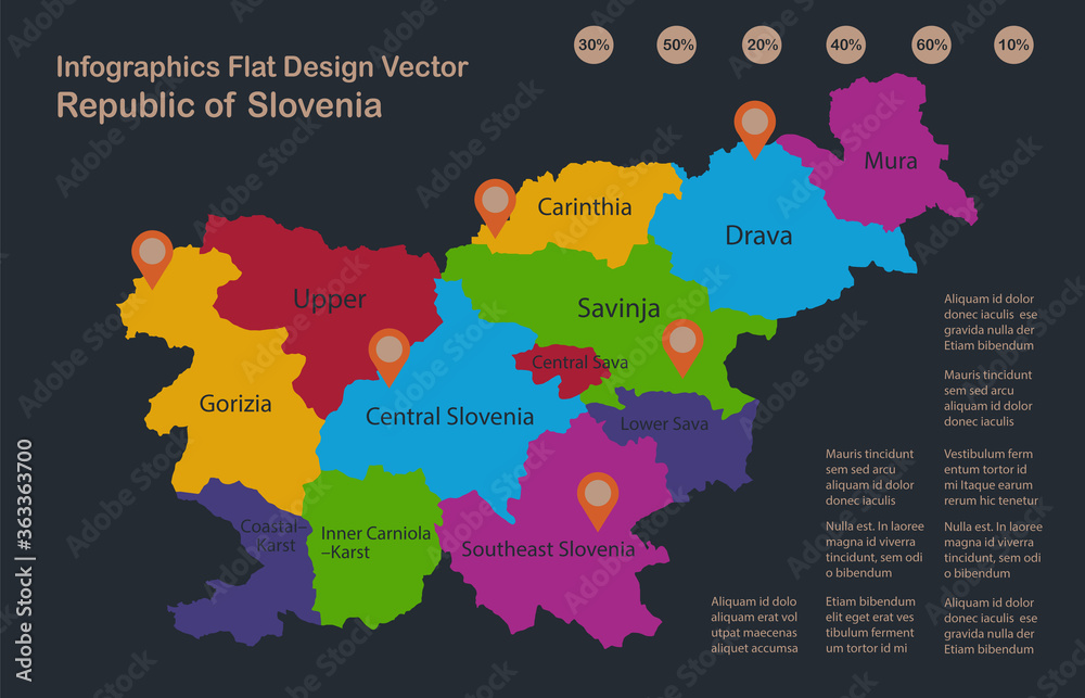Infographics Slovenia map, flat design colors, names of individual ...