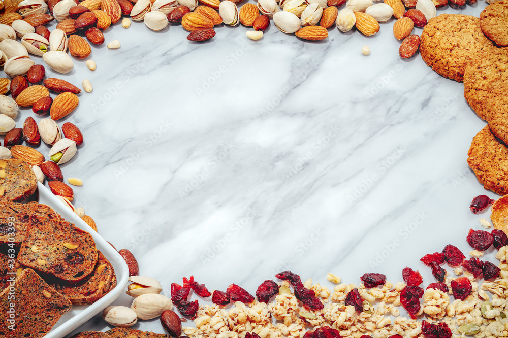 Food background. Food frame. Organic healthy snacks. Dried cranberry ...