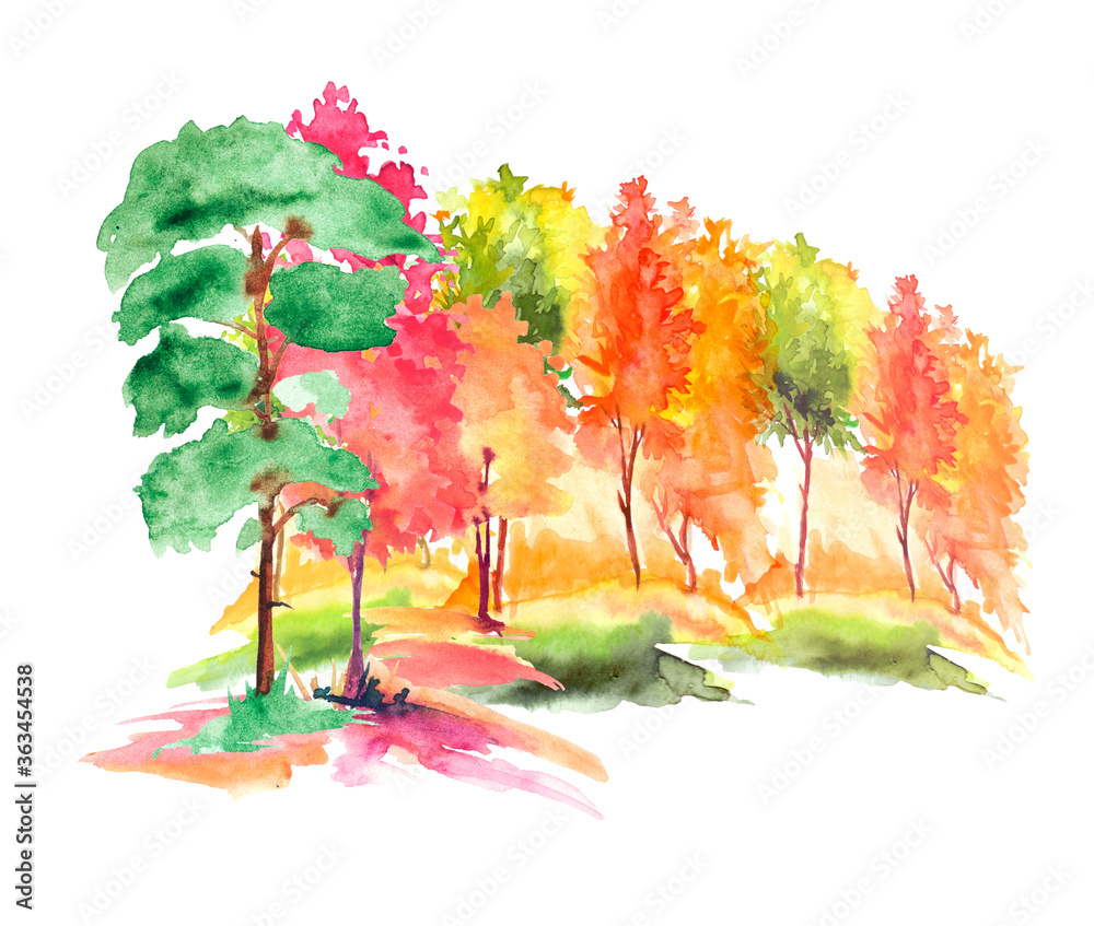 Watercolor autumn trees of yellow, red, orange color. Autumn forest ...