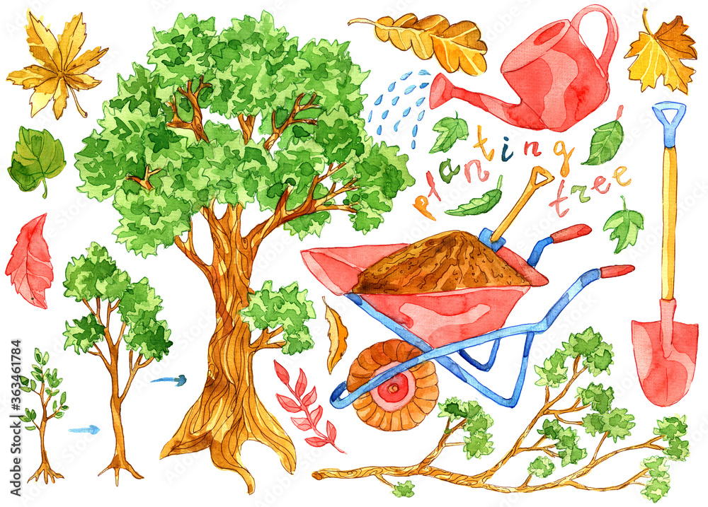 Design collection with tree, gardening tools and leaves isolated on ...