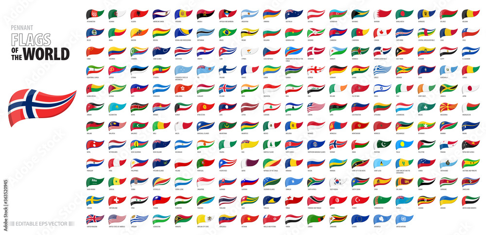 Pennant Flags of the World. Flags with shadow and reflection. Stock ...