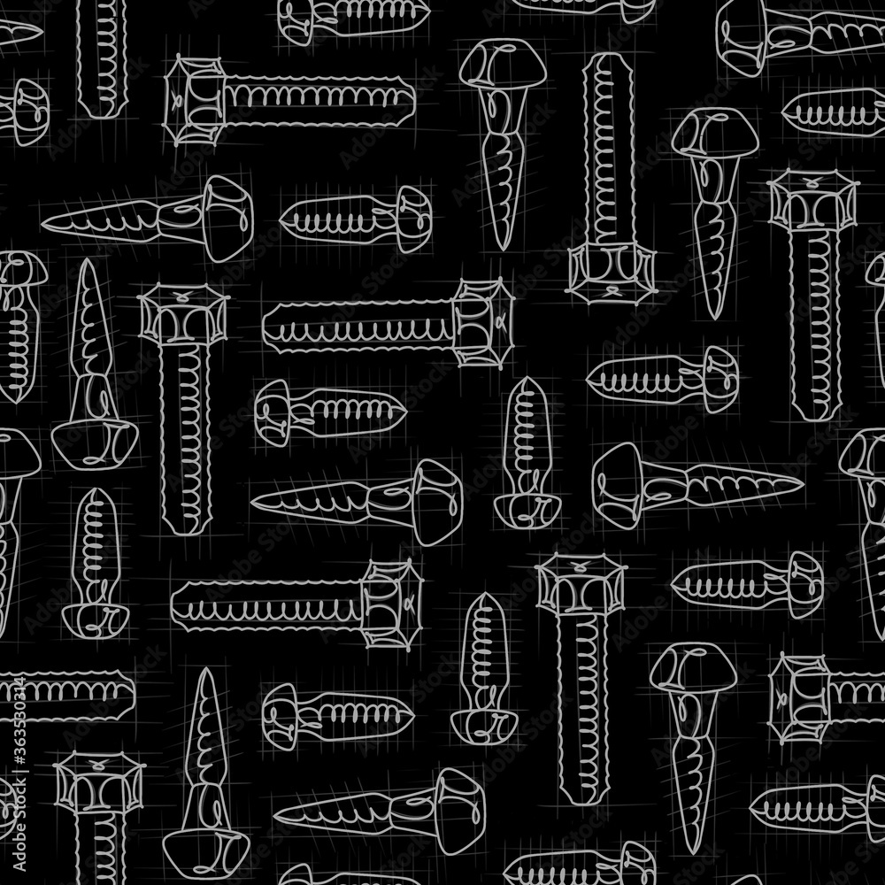Seamless texture fasteners screws bolts and nuts, doodle style, black ...
