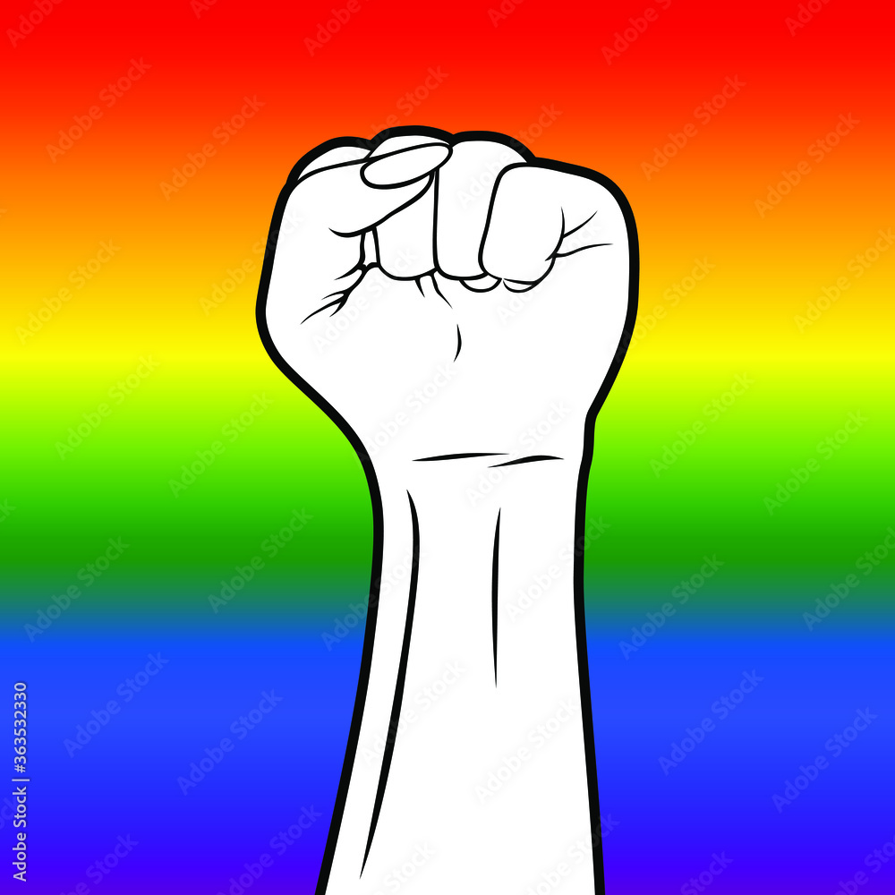 White raised fist with black outline on gradient background with lgbt ...