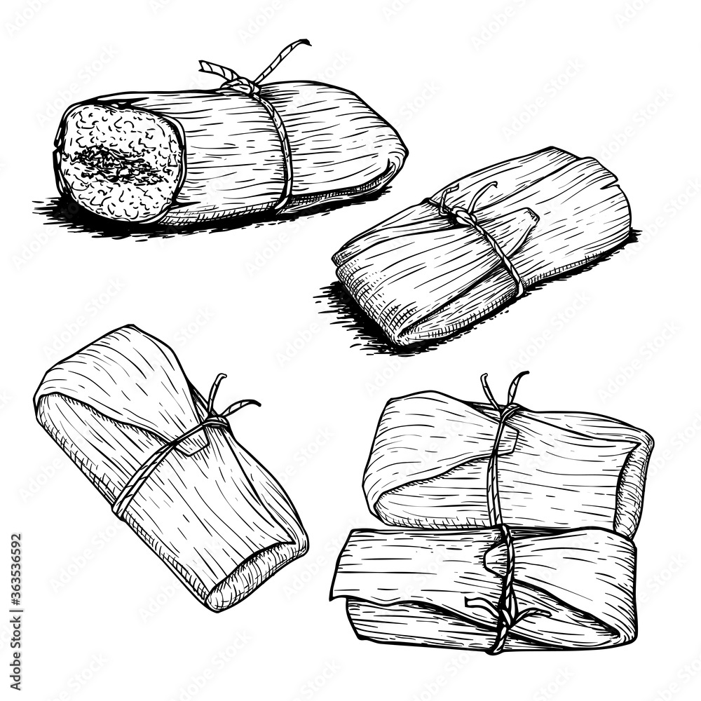 Hand drawn sketch style tamales set. Single and group. Traditional ...