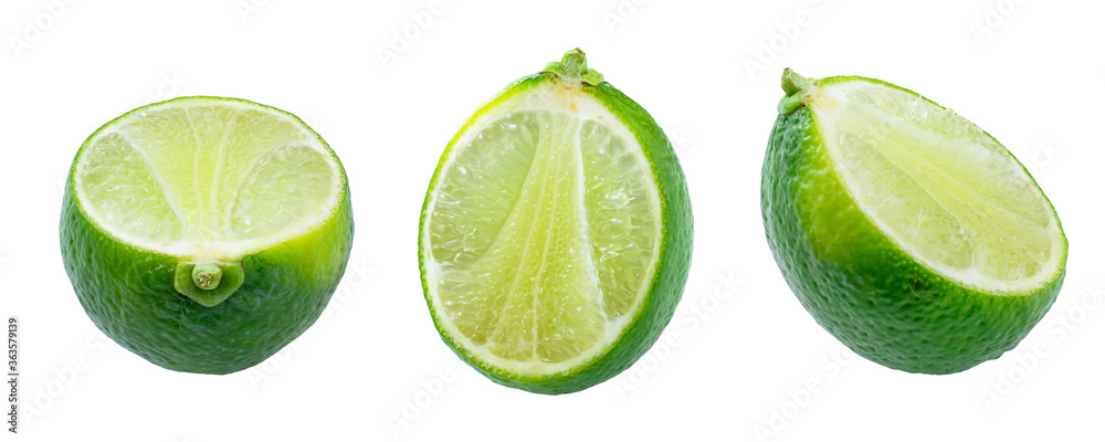 Different views of lime lengthwise sliced isolated on white background ...