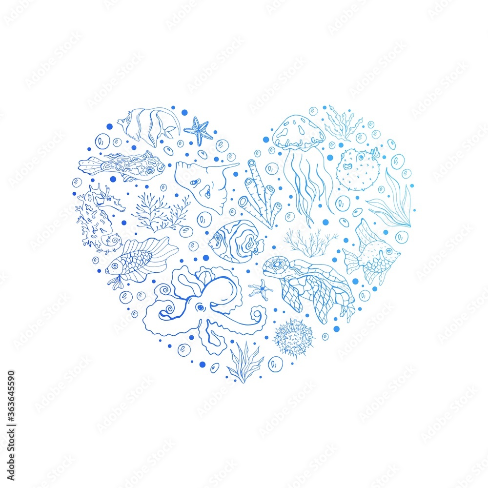 Cafe menu design. Marine life. Postcard. Sea fish, seaweed, turtle ...