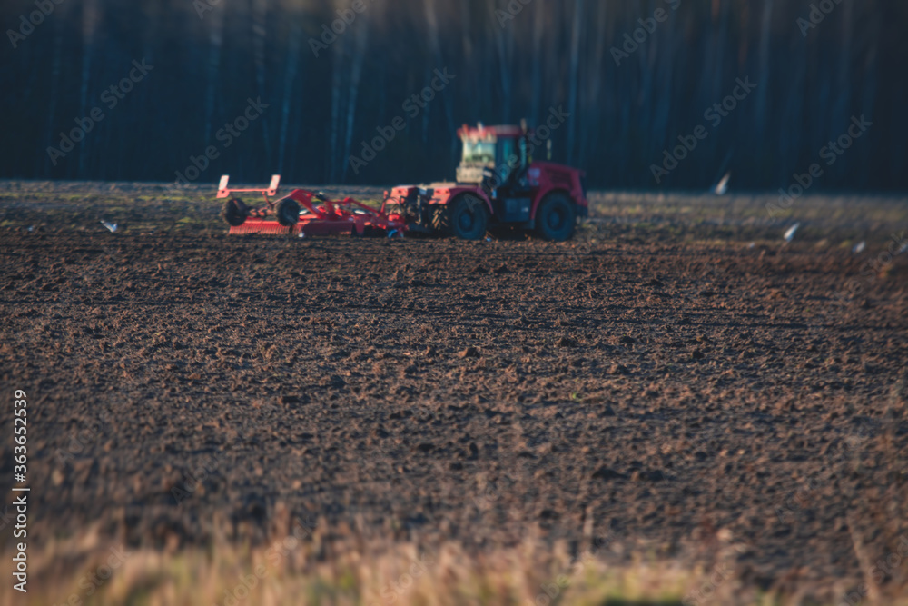 Tractor with a disc harrow system harrows the cultivated farm field ...