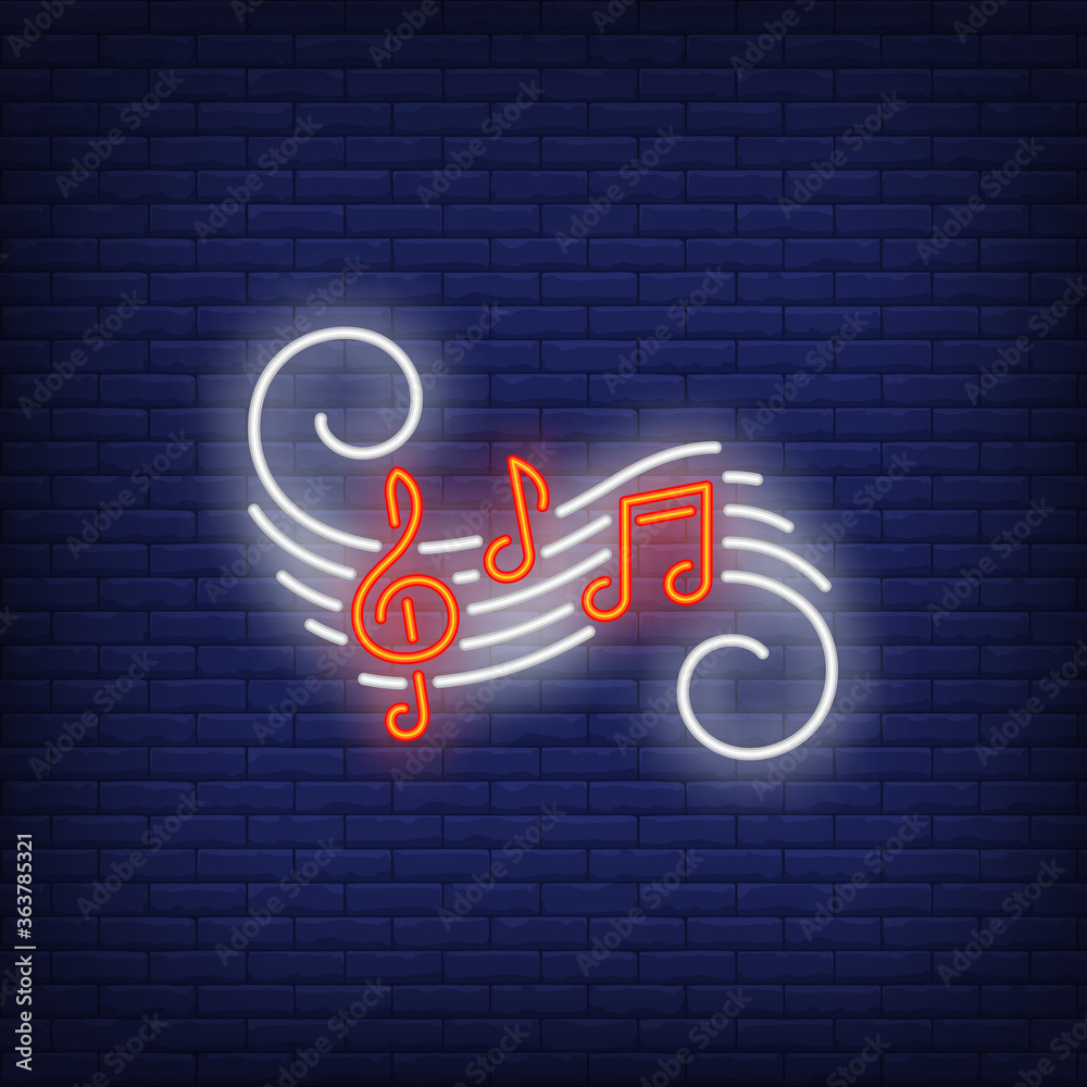 Music notes and treble clef neon sign. Classical music, concert or ...