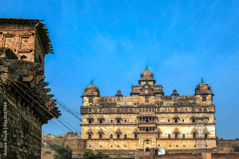 View of Datia Palace. Also known as Bir Singh Palace or Bir Singh Dev ...