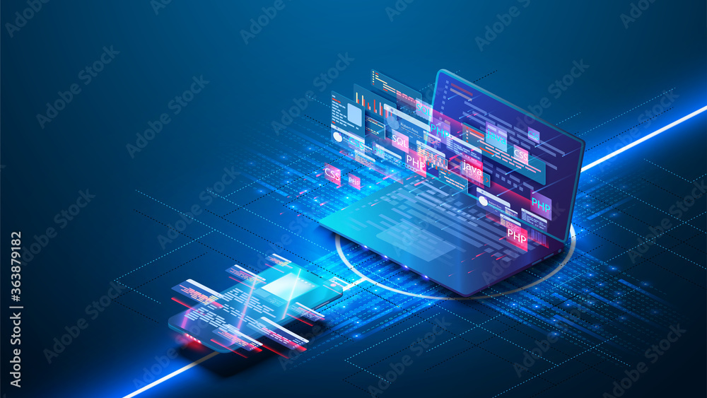 Futuristic web application development, coding and programming responsive. Programming web ...