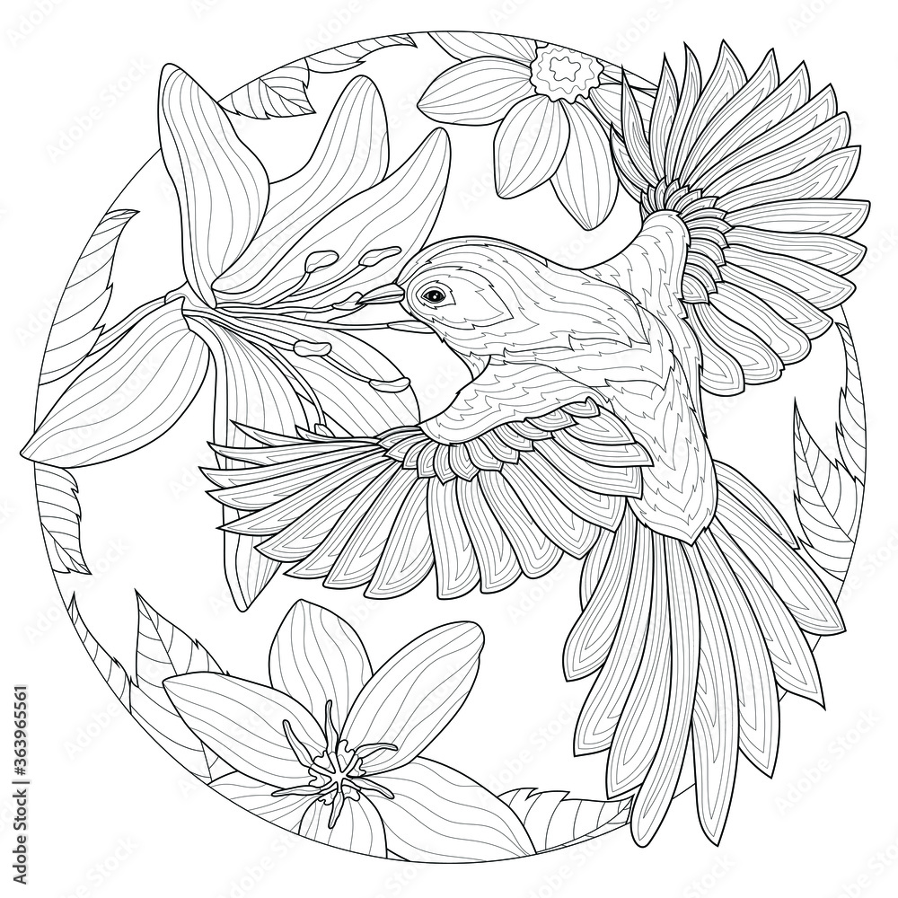 Bird around the flowers.Coloring book antistress for children and ...