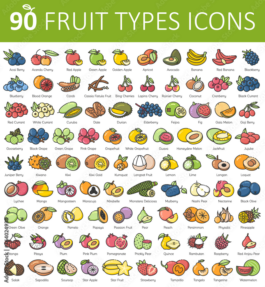 Fruits icons symbols isolated on white background with names Stock ...