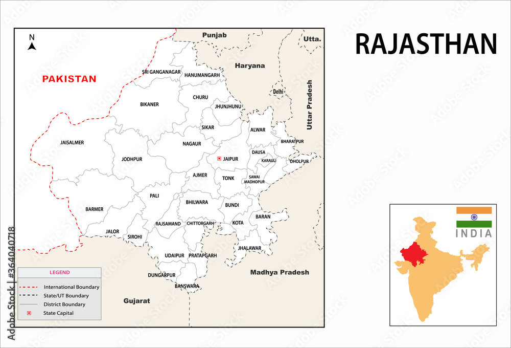 Rajasthan map. Political and administrative map of Rajasthan with ...