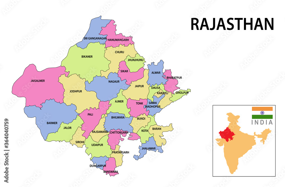 Rajasthan map. Political and administrative map of Rajasthan with ...