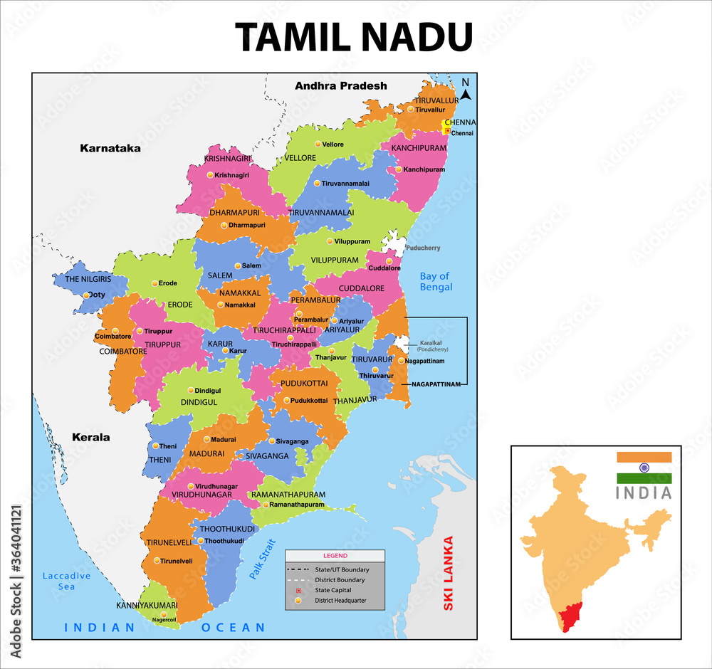 Tamil nadu map. District ways map of tamil nadu with name. Vector ...