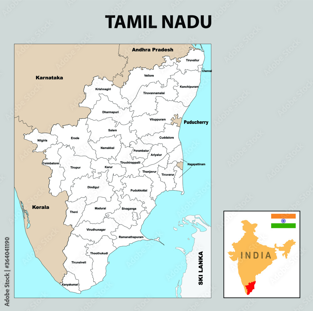 Tamil Nadu map. Political and administrative map of Tamil Nadu with ...