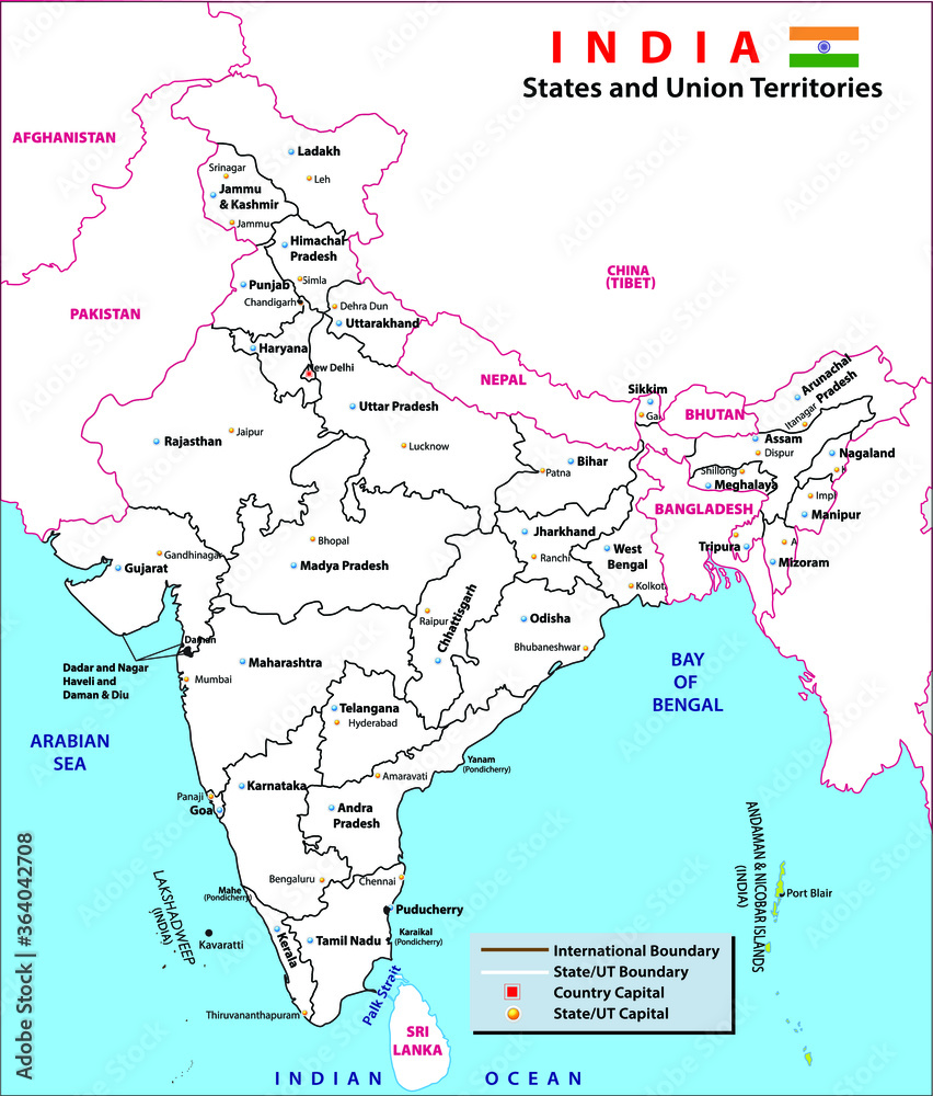 India map. Political Map of India. Black and white Outline map vector ...