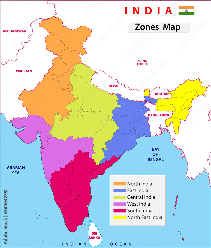 India map. Zones and regions. Administrative map and divisions of India ...