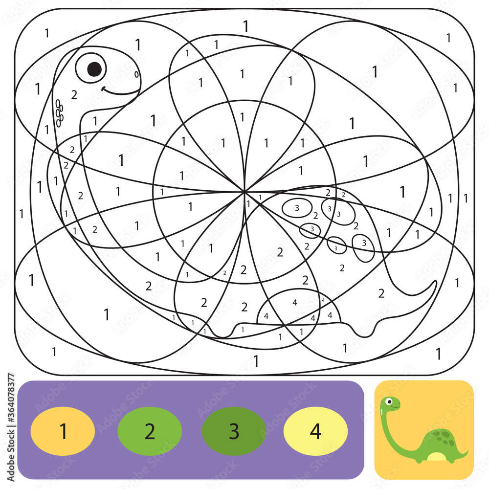 Cute dino coloring page for kids. Coloring puzzle with numbers of color ...