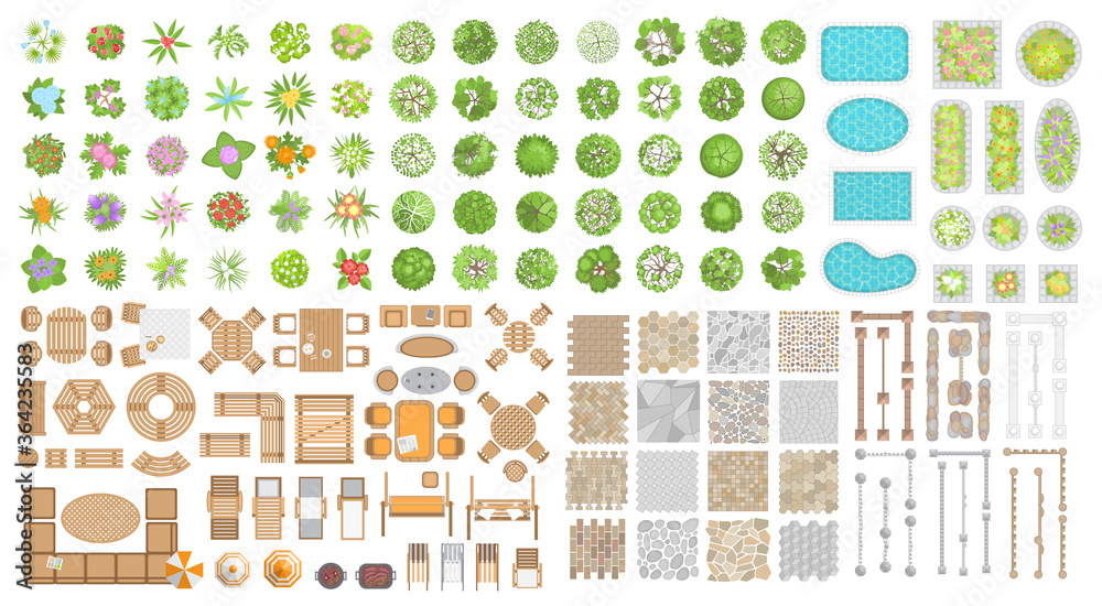 Vector set for landscape design. Outdoor furniture, architectural ...