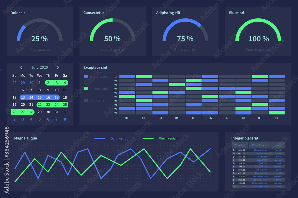 Dashboard with infographic elements, charts, diagrams, processes ...