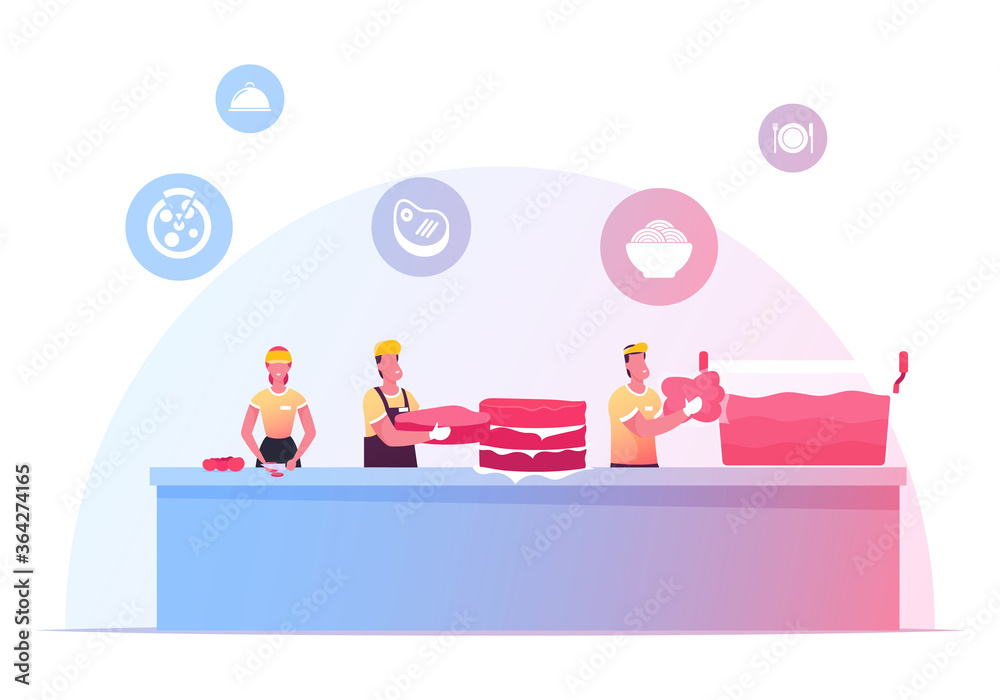 Tiny Chef Characters Cooking Semifinished Products and Packing into ...
