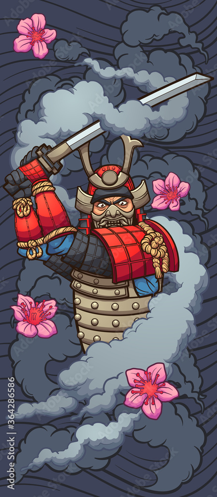 Cartoon samurai enveloped in smoke with sakura flowers and wave ...