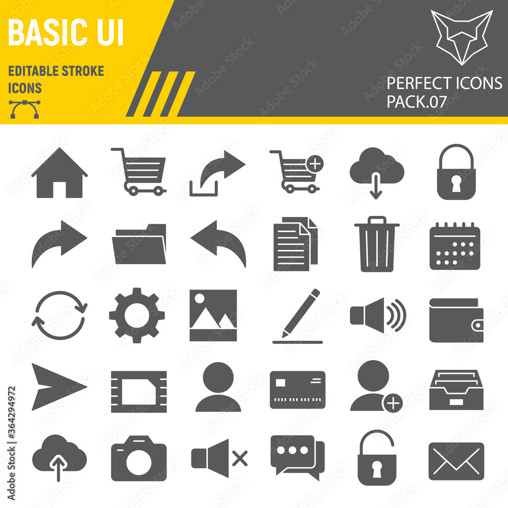 Basic UI glyph icon set, web mobile symbols collection, vector sketches ...