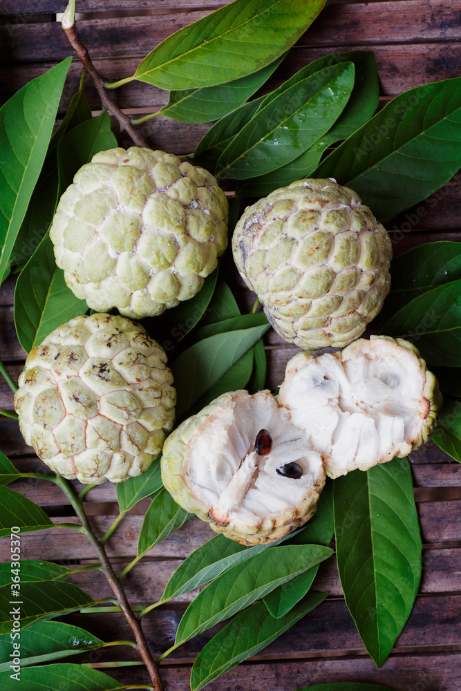 4 custard apple lay on the leaves, one of which saw the seed Stock ...