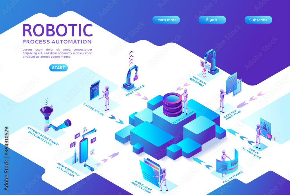 Robotic process automation concept with robots working with data, arms ...