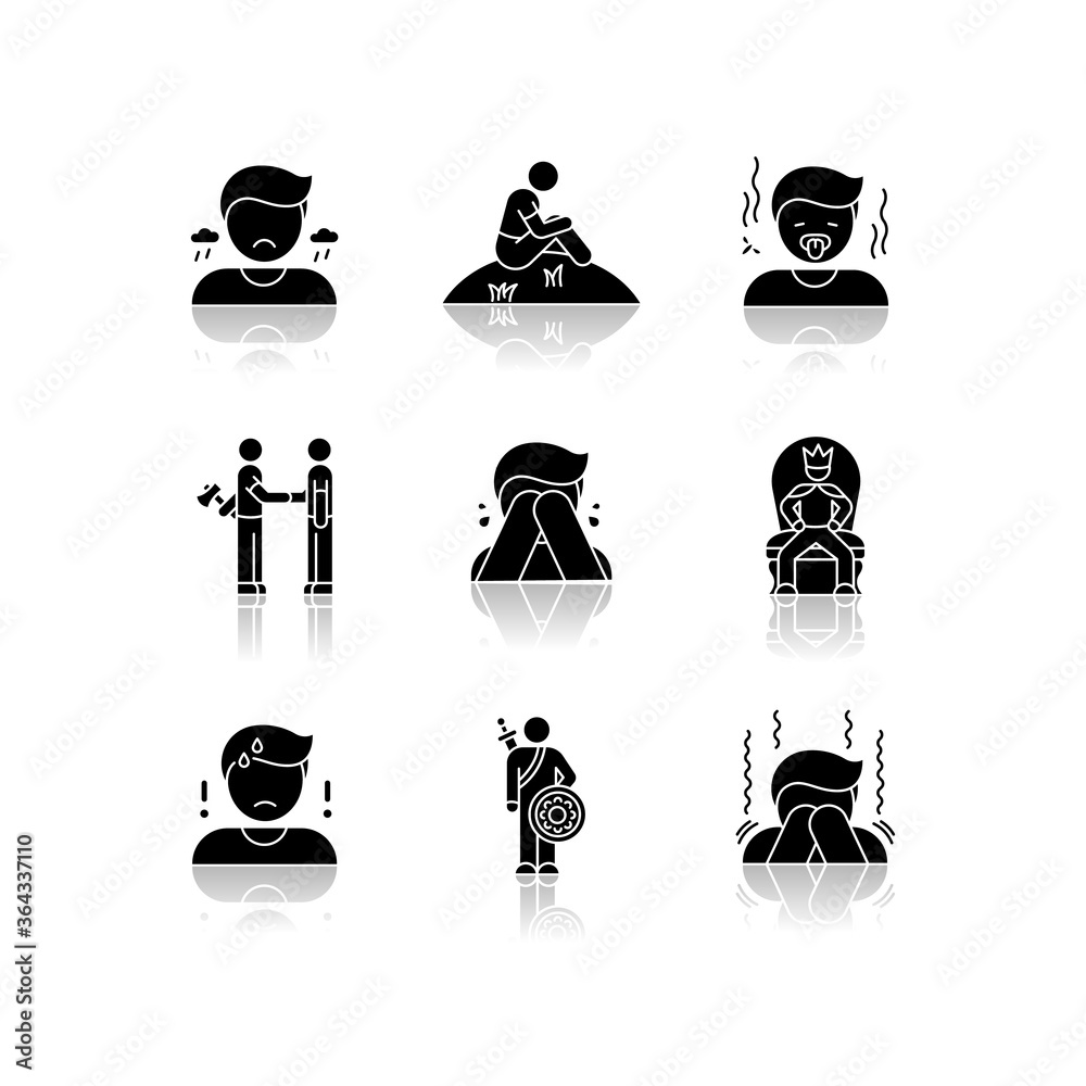 Negative feelings drop shadow black glyph icons set. Bad emotions ...
