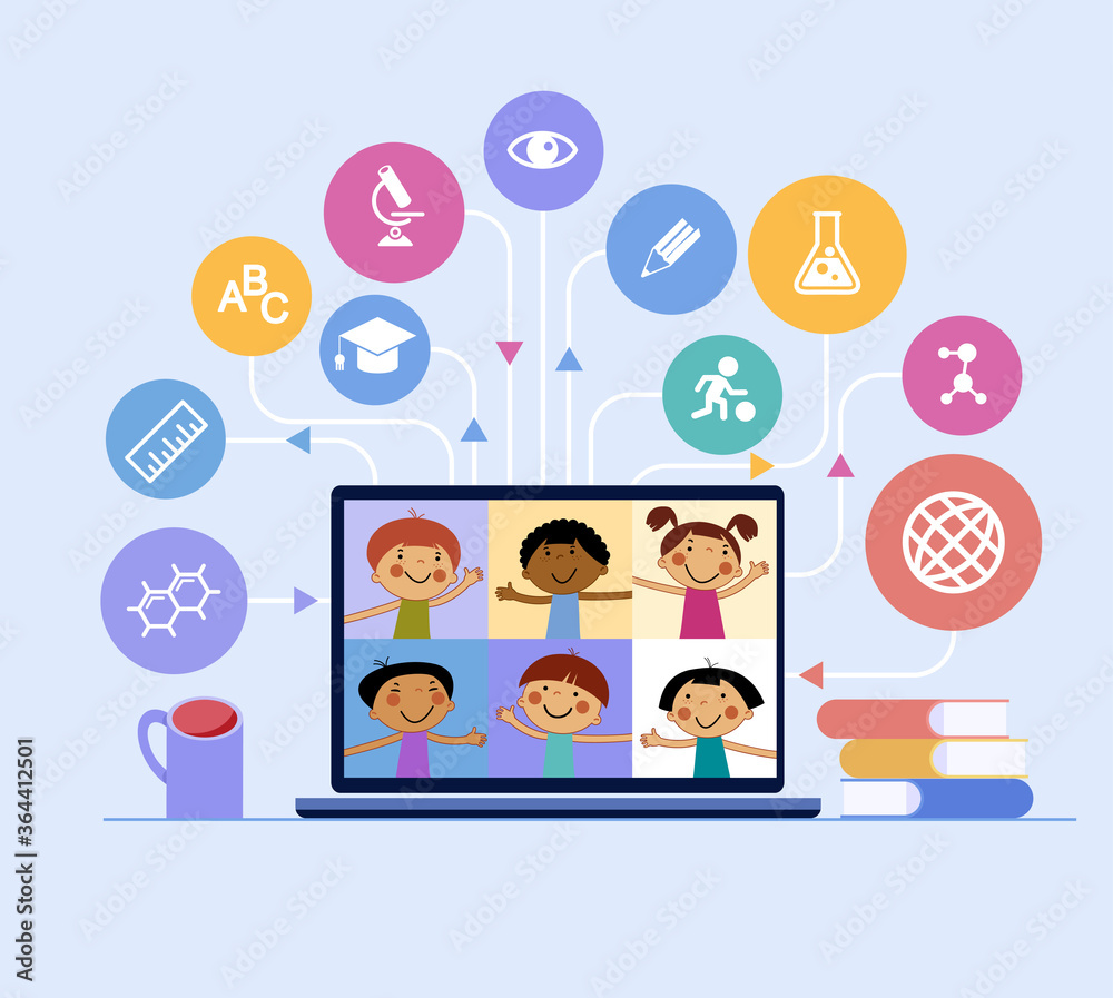 Cartoon kids on a laptop monitor surrounded by education icons. Home ...
