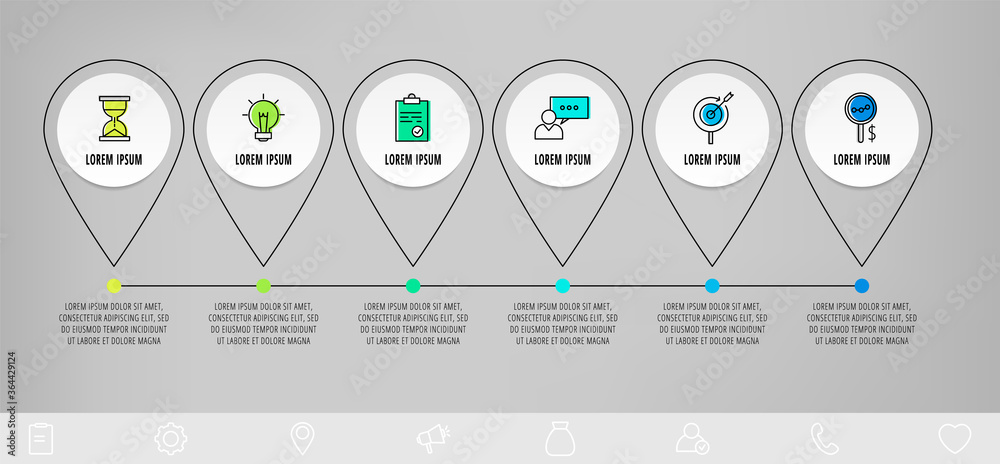 Infographics circles with 6 steps, icons. Flatline vector template. Can ...