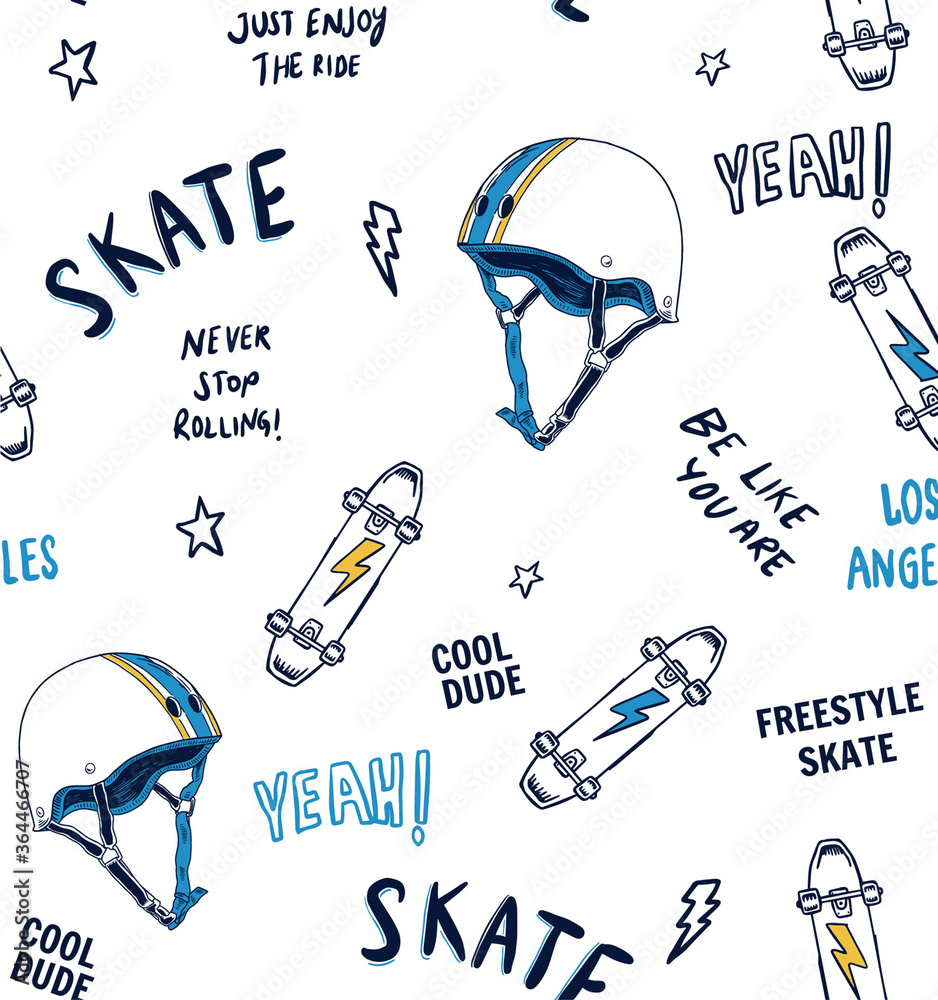 Hand drawn skateboarding elements seamless pattern. Skate background. Skateboarding doodle ...