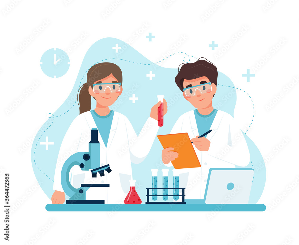 Scientist at work, characters conducting experiments in lab. Vector ...
