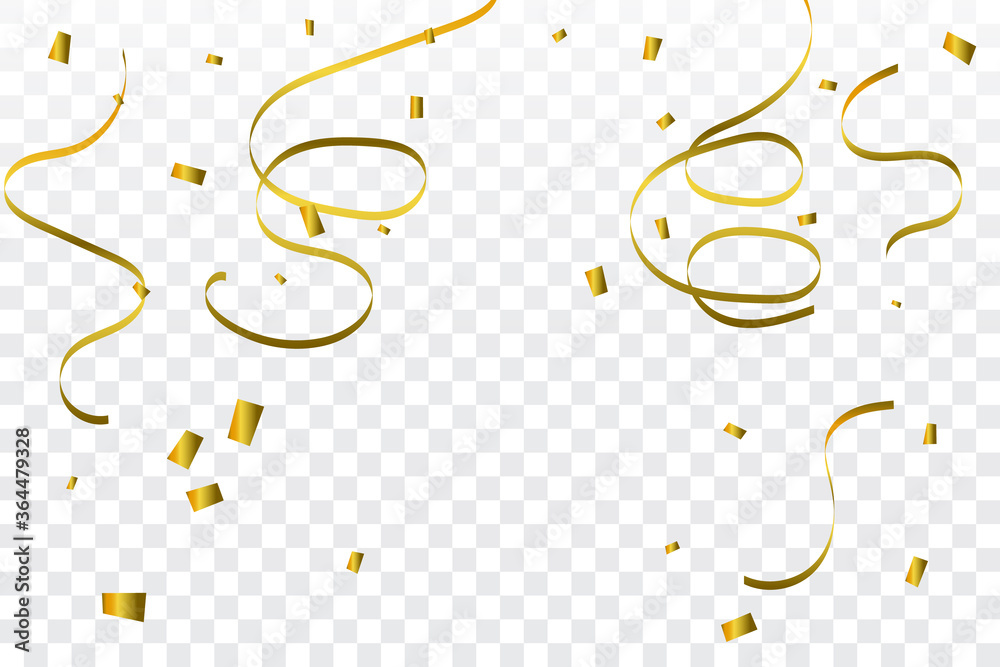 Golden Tiny Confetti And Streamer Ribbon Falling On Transparent Background. Grand Opening ...