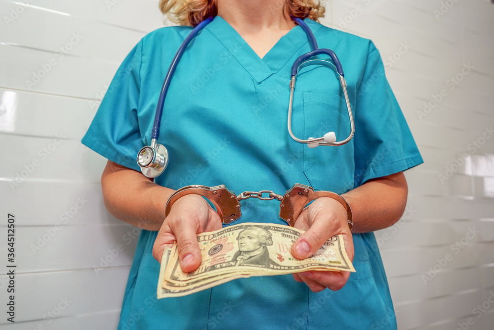 Crime in medicine, surgeon or doctor in blue uniform with handcuffed ...
