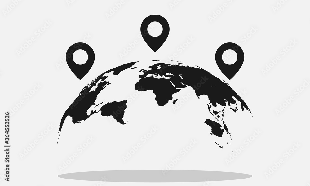 Global world map with geo location pins vector icon. Simple flat GPS ...