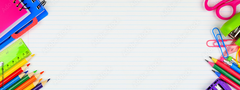 School supplies double side border. Top view on a white lined paper ...