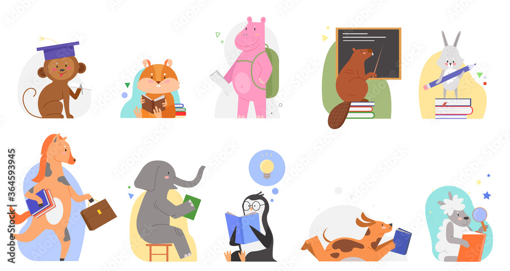 Animals study at school vector illustrations. Cartoon flat cute zoo ...