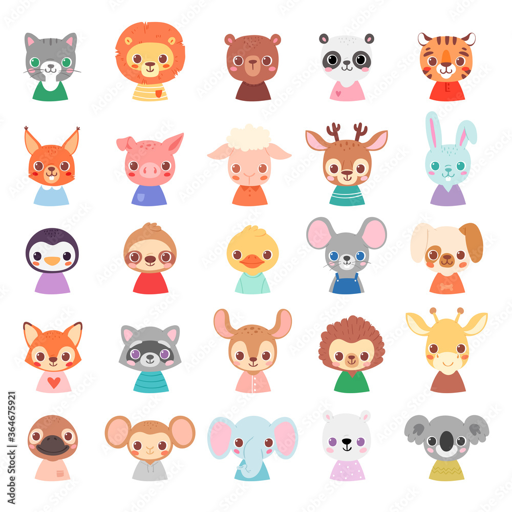 Set of pretty little animal avatars. Cute animal baby heads with ...