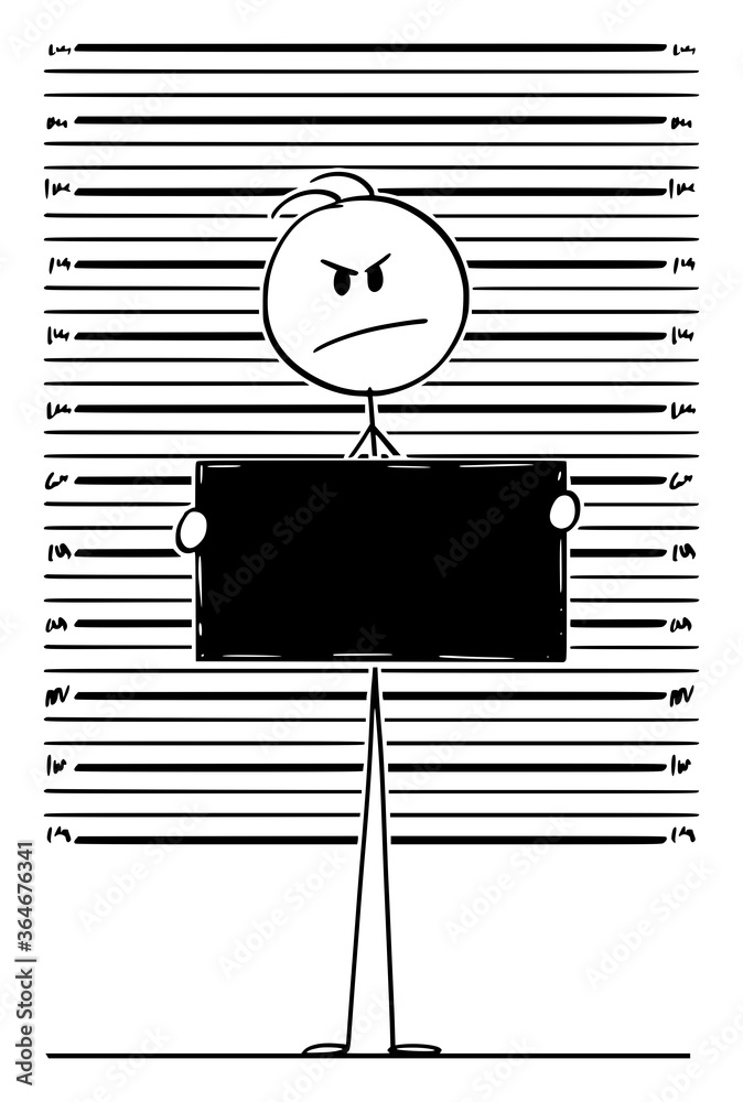 Vector cartoon stick figure drawing conceptual illustration of mugshot ...