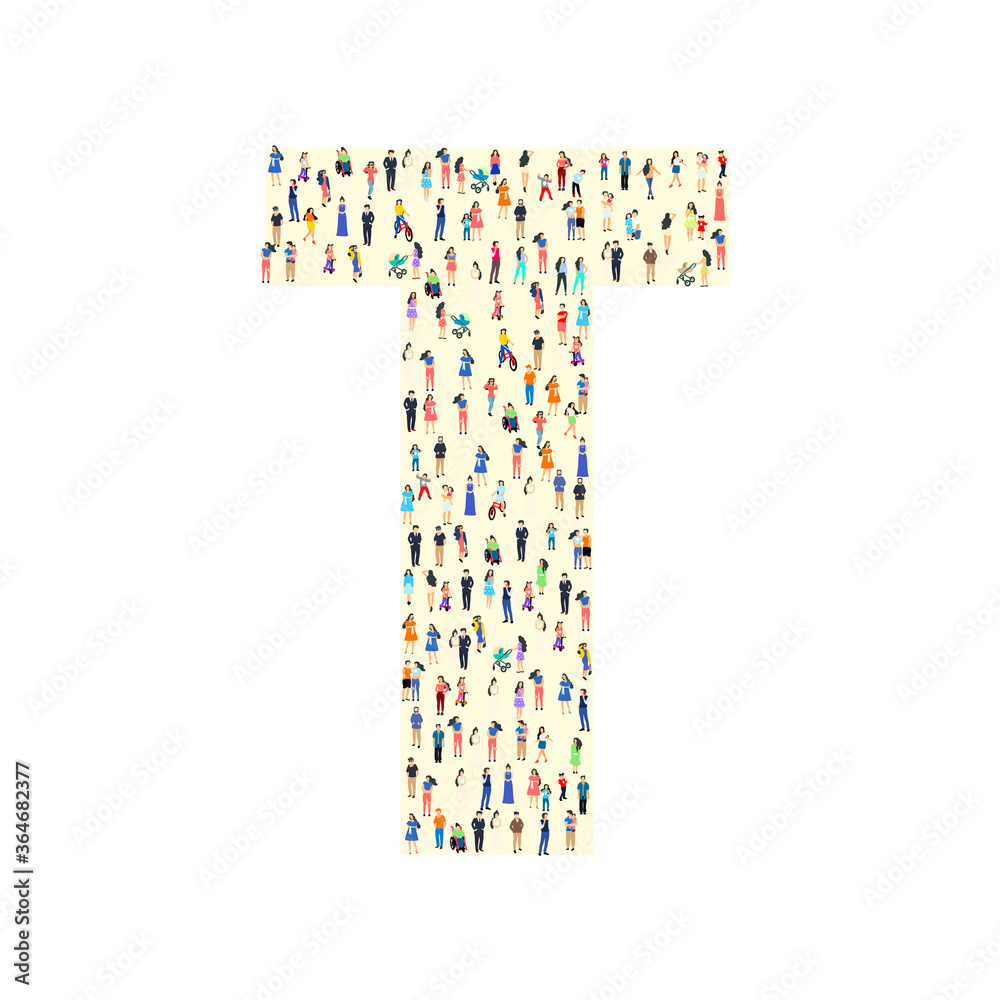 Large group of people in letter T form. People font. Clean vector font ...