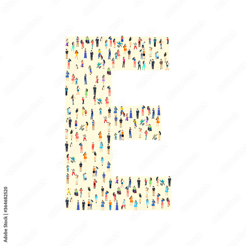 Large group of people in letter E form. People font. Clean vector font ...