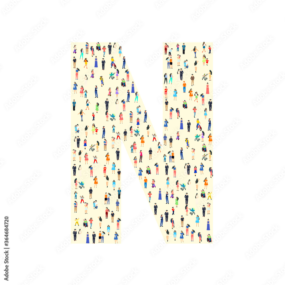 Large group of people in letter N form. People font. Clean vector font ...