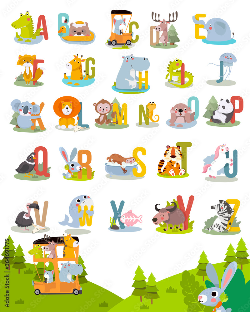 Animal alphabet graphic A to Z. Cute vector Zoo alphabet with animals ...
