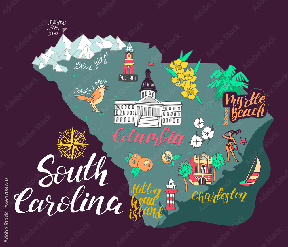 Sc Tourist Attractions Map Charleston Historic District Illustrated